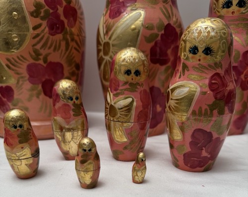 10 Pc Russian Matryoshka Handpainted NESTING WOODEN DOLLS Pink Gold 9.5 ...