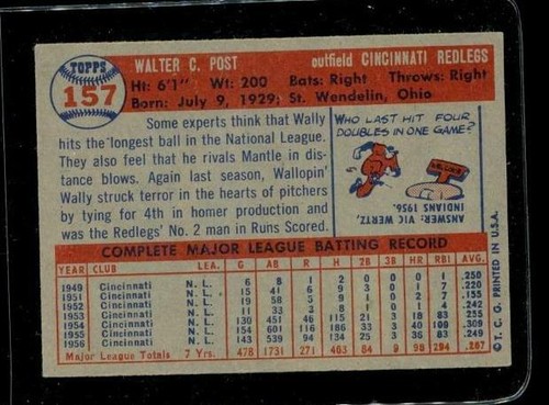 Vintage 1957 Baseball Trading Card TOPPS #157 WALLY POST Cincinnati ...