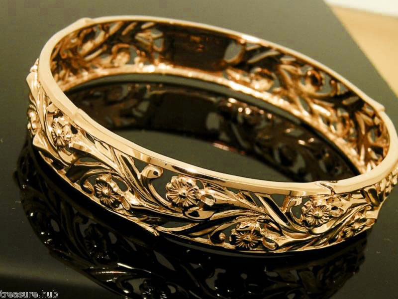 Genuine 9ct Solid Rose Gold Bangle 13mm Wide Filigree Blossom Floral ...