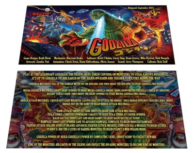 Stern Godzilla PRO Pinball Custom Apron Instruction Cards | eBay