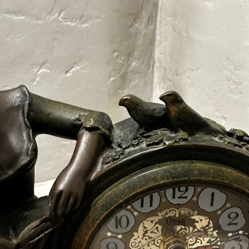 Crosa Quartz Bronze Metal Mantel Clock Lady Reading A Book Birds ...