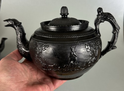 Black Basalt / Shining Black Early 19thC Teapot c1830. Bird Spout Eagle ...