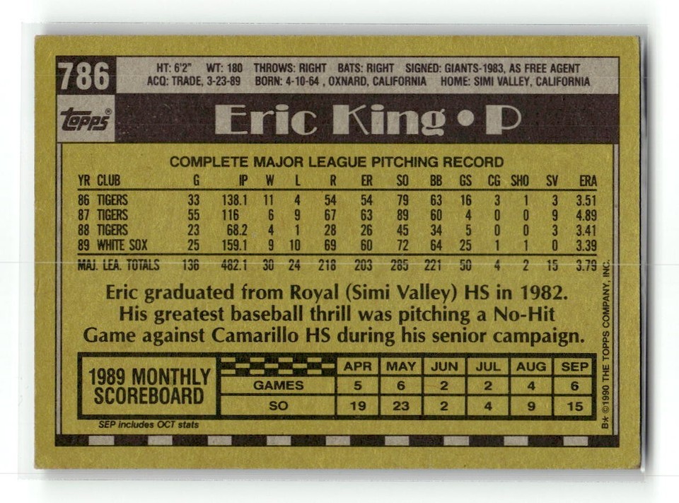 1990 Topps #786 Eric King Chicago White Sox MLB Baseball Card | eBay