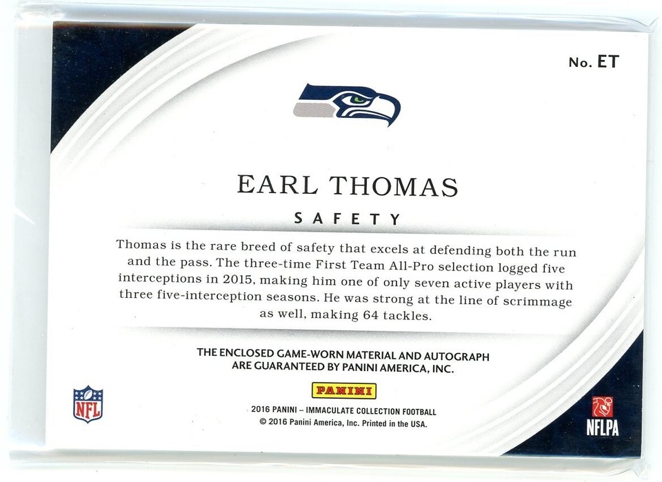 2016 Immaculate Earl Thomas Sick Patch Auto Game Used On Card #d 75/99 ...