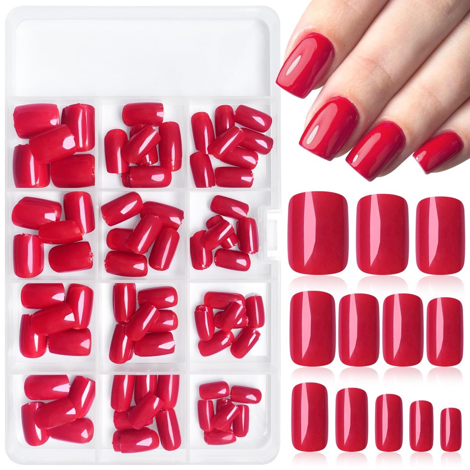 240pc Square Press on Nails Short Fake Nails Red Glue on Nail Short ...