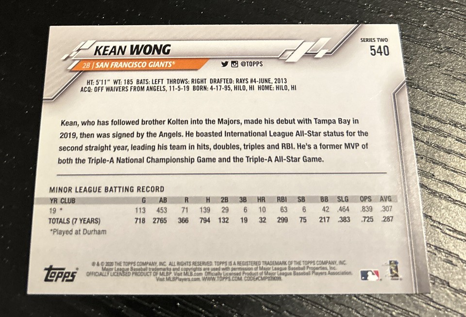 2020 Topps Kean Wong Rookie #540 | eBay