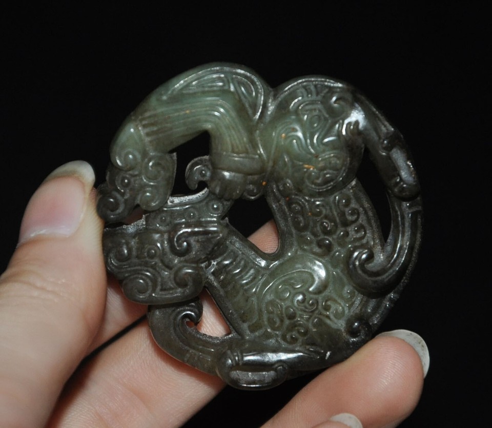 2" old China Old Jade Carved fengshui people ride dragon beast Talisman ...