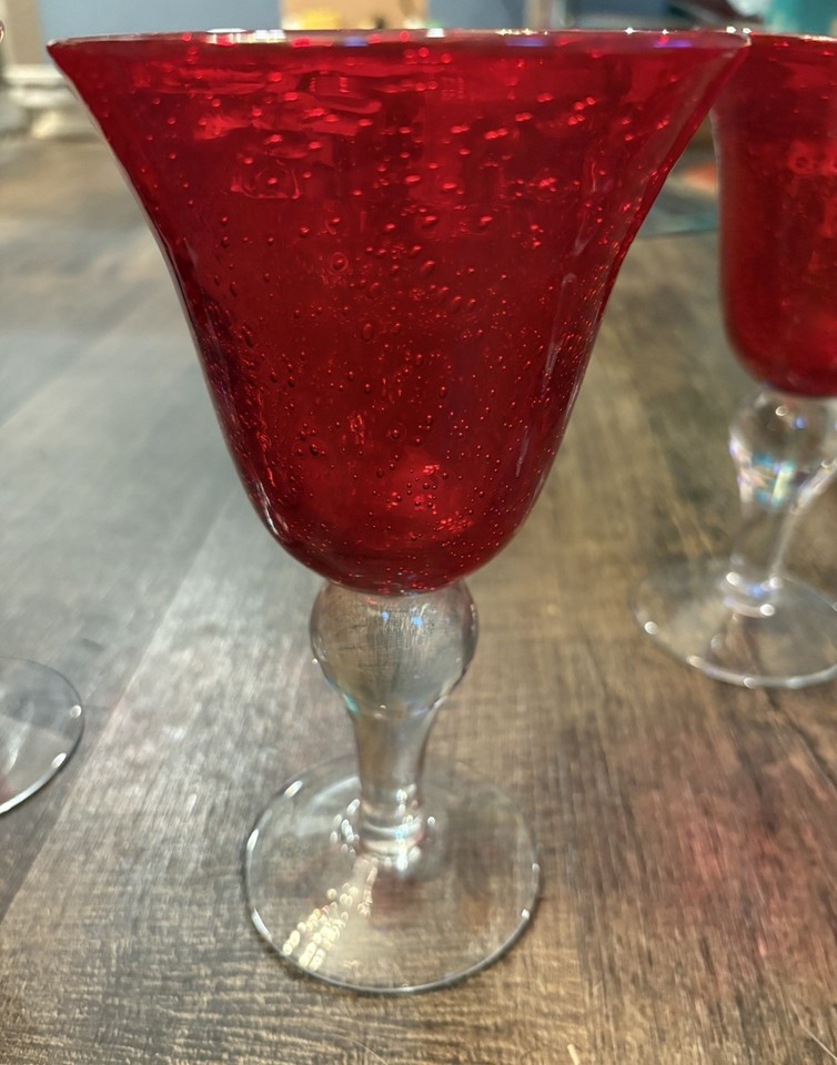 4 Artland Iris Ruby Red Seeded Bubble Wine Goblets with Clear Stem ...