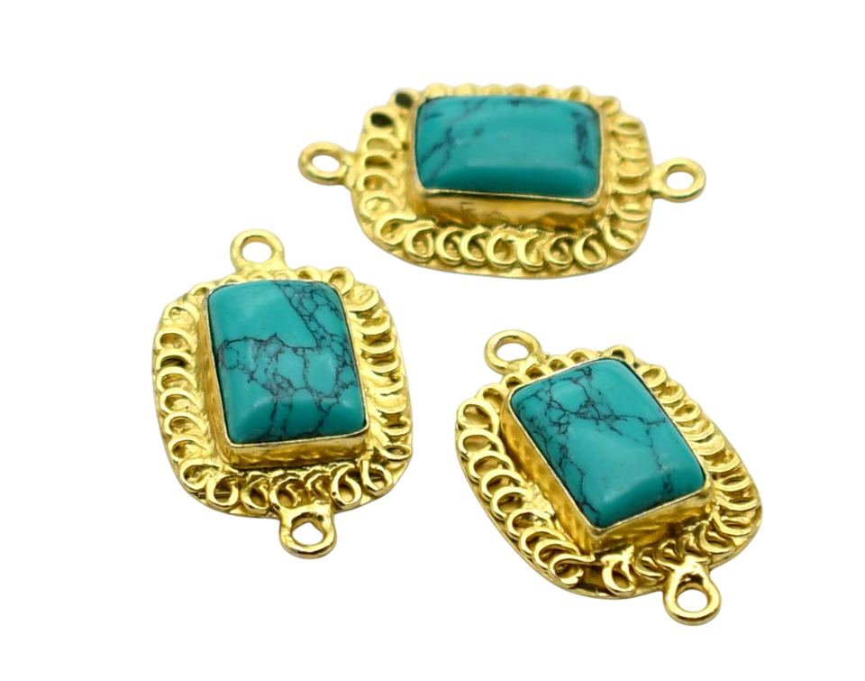 31X19mm Turquoise Gemstone Connector Pendent 2 Loop Bezel Gold Plated ...