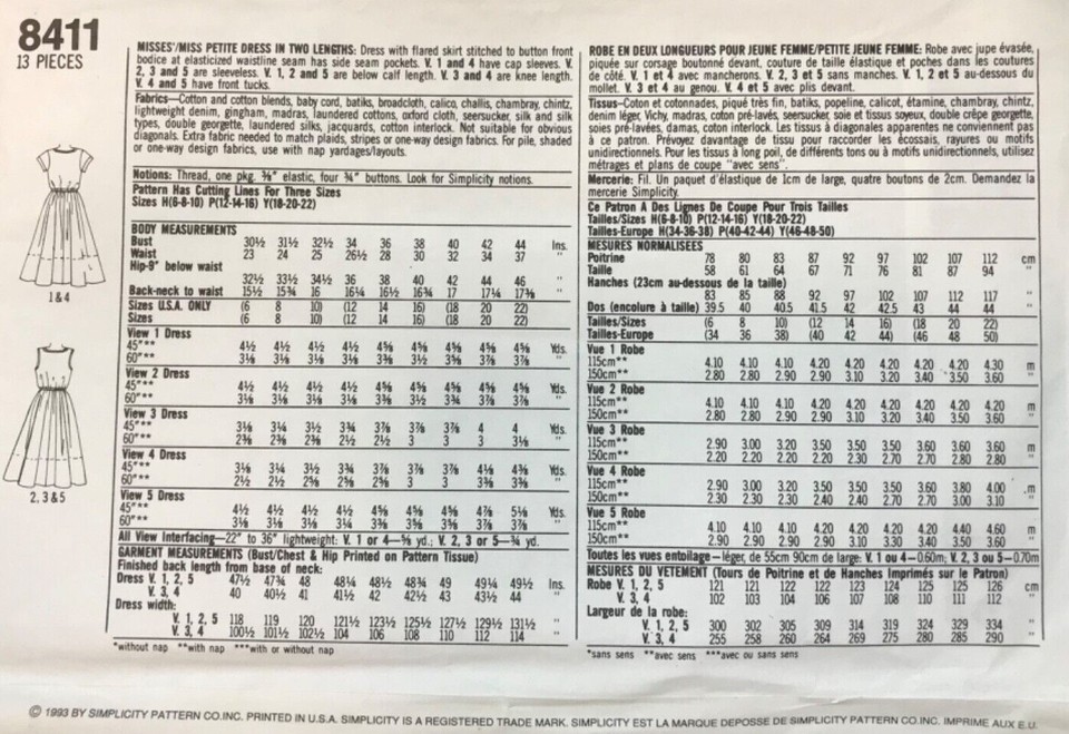 1993 Summer Dress Sewing Pattern U-Pick Size 12-22 Simplicity 8411 OOP ...
