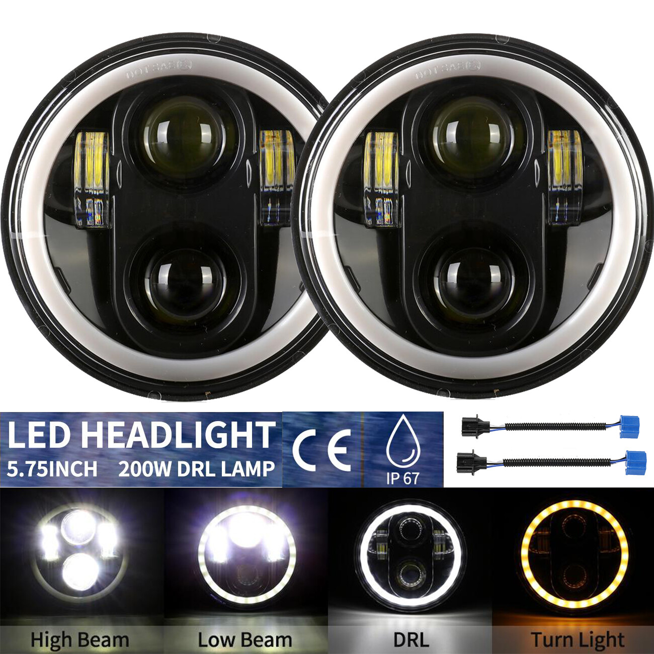 Pair 5.75 5-3/4" Round LED Headlight High Low Beam DRL DOT for Ford LTD ...
