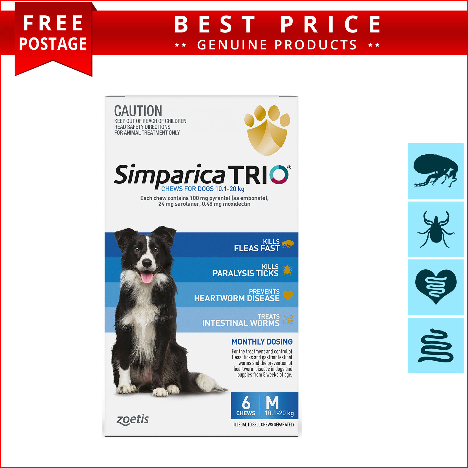 SIMPARICA TRIO for Dogs 3,6,12 Doses 10 to 20 Kg BLUE Worm and Flea Prevention | eBay