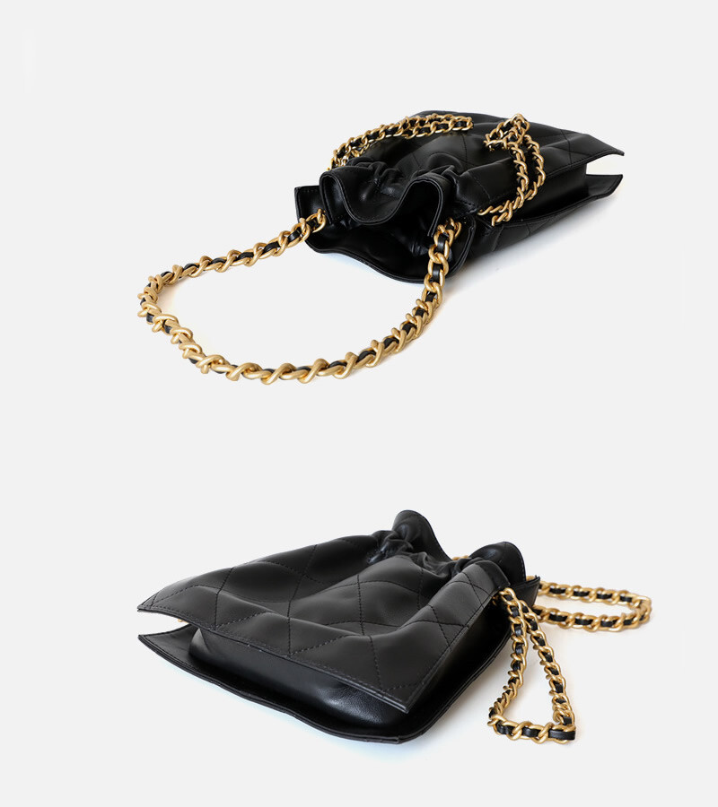 Quilted Real Leather Gold Chain Drawstring Bucket Bag Shoulder Purse ...