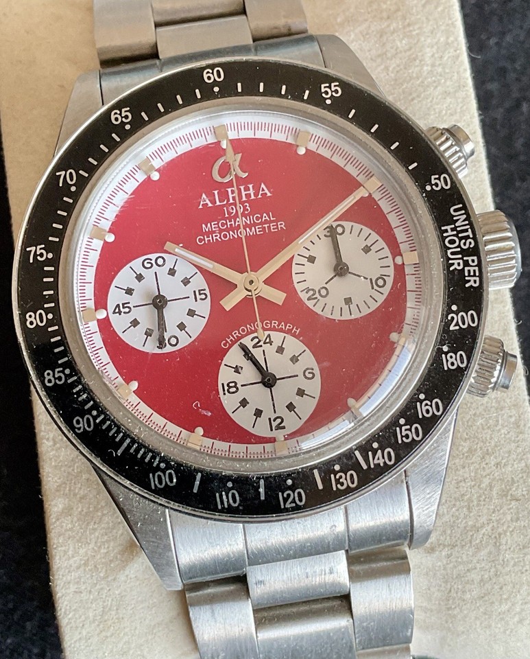 Rare Red Alpha Paul Newman Mechanical Chronograph EUC w. Extra Links | eBay