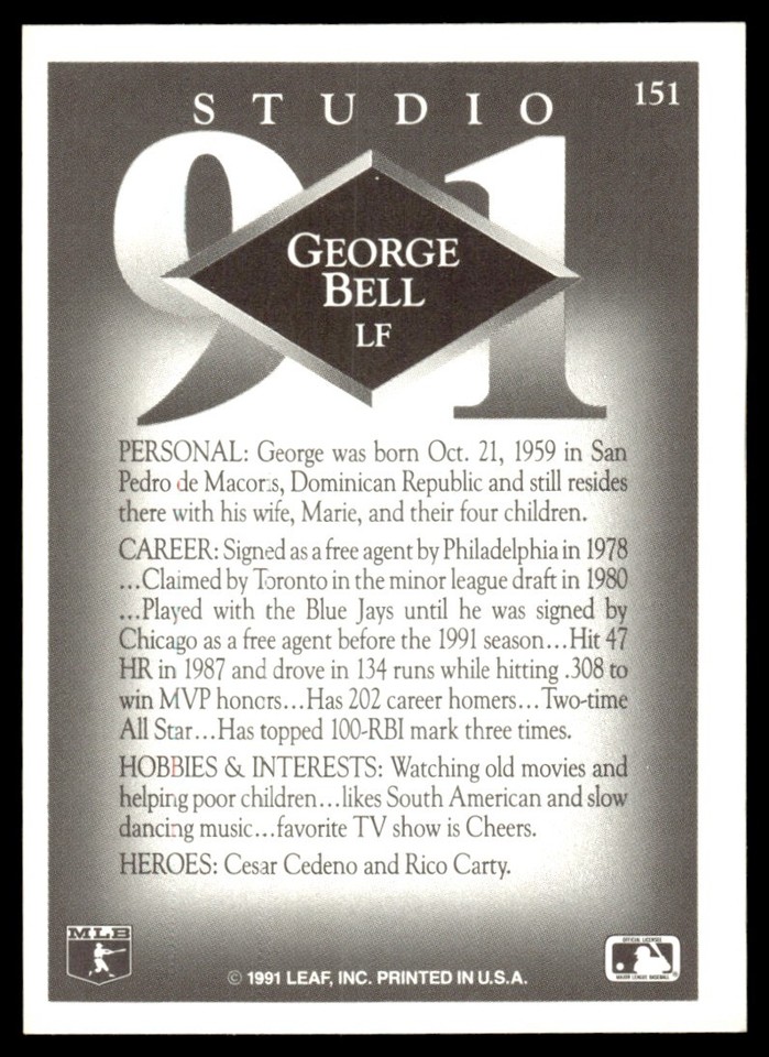 1991 Studio #151 George Bell Chicago Cubs | eBay