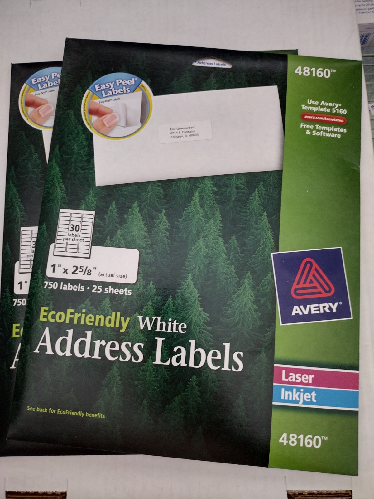 2-pks Avery #48160 EcoFriendly Laser/Inkjet Labels 1 x 2 5/8 White 750 ...