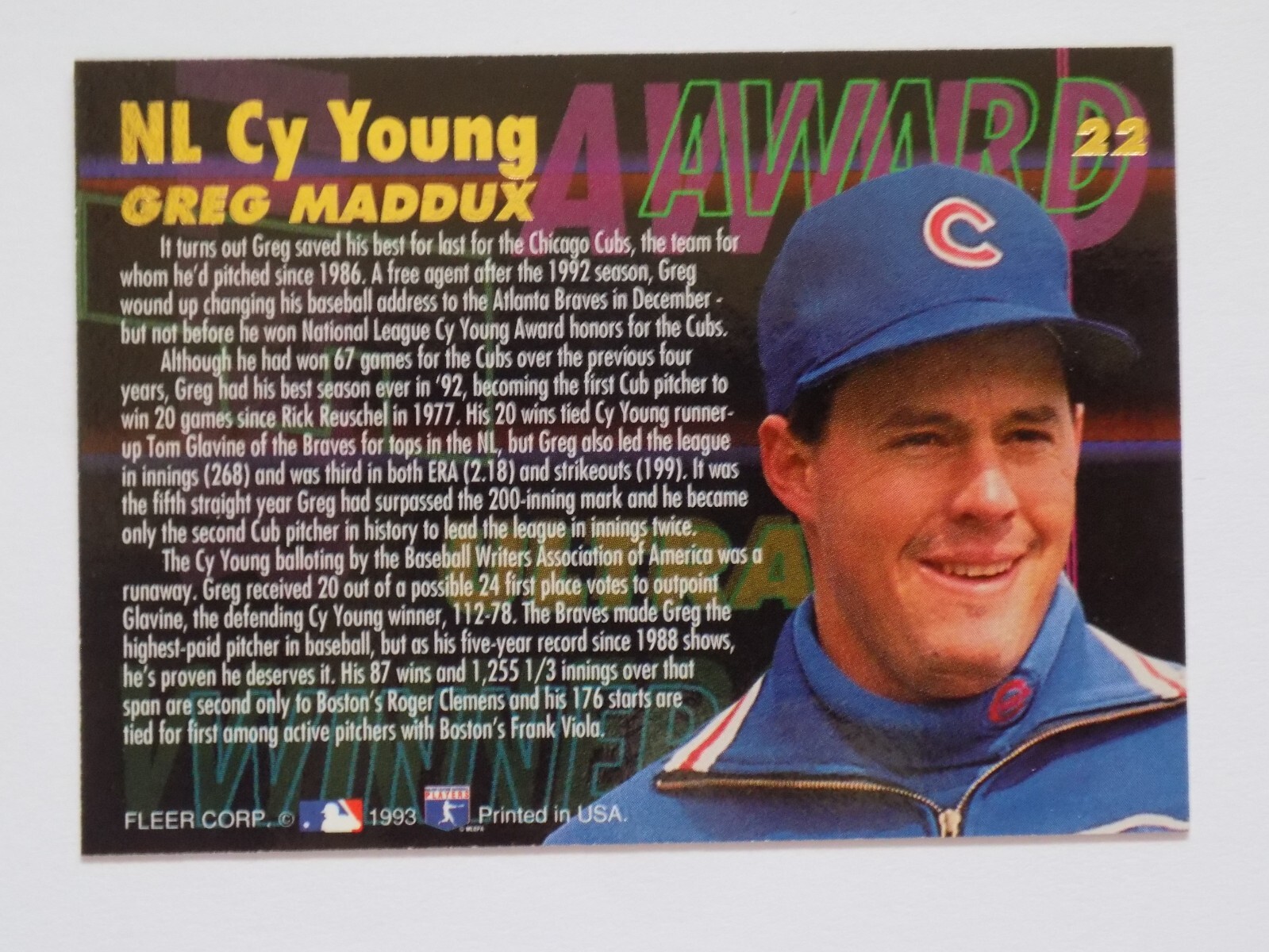 1993 Fleer Ultra Cy Young Award Winners Greg Maddux Card #22 | eBay