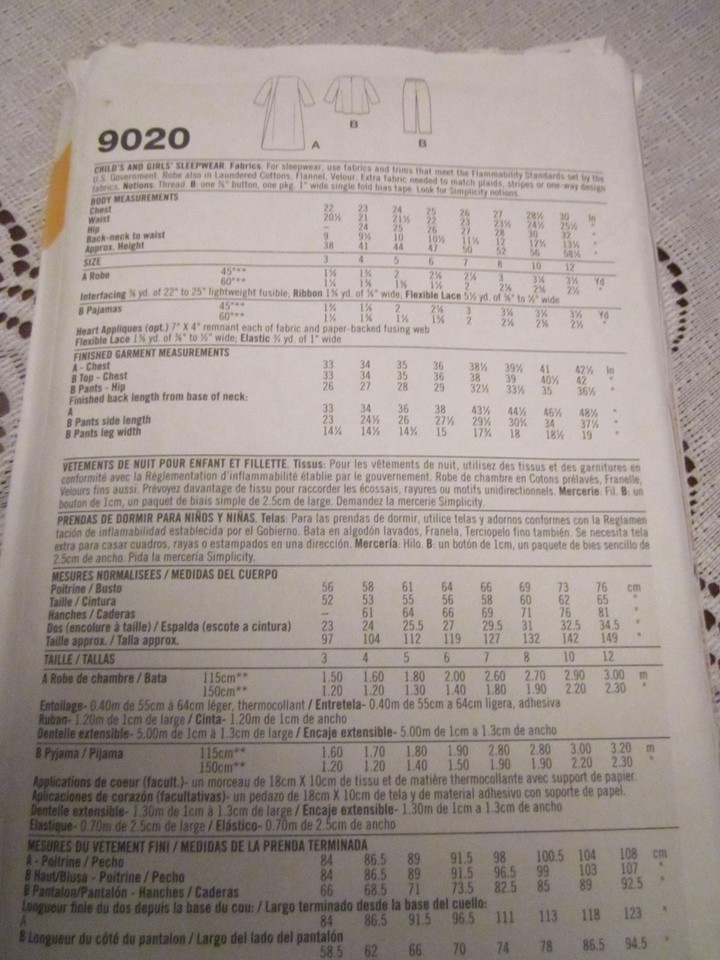 Simplicity 9020 GIRLS' PAJAMAS ROBE SLEEPWEAR Sewing Pattern SZS. 3-12 ...