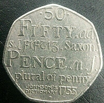 Fifty Pence 50p Coin Saxon Plural of Penny 2005 Johnsons Dictionary ...