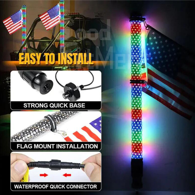 2x 2FT Fat LED Whip For UTV APP Controlled Antenas Quick Release Whip ...