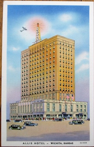 Wichita, KS 1940s Linen Postcard: Allis Hotel & Airplane - Kansas Kans ...