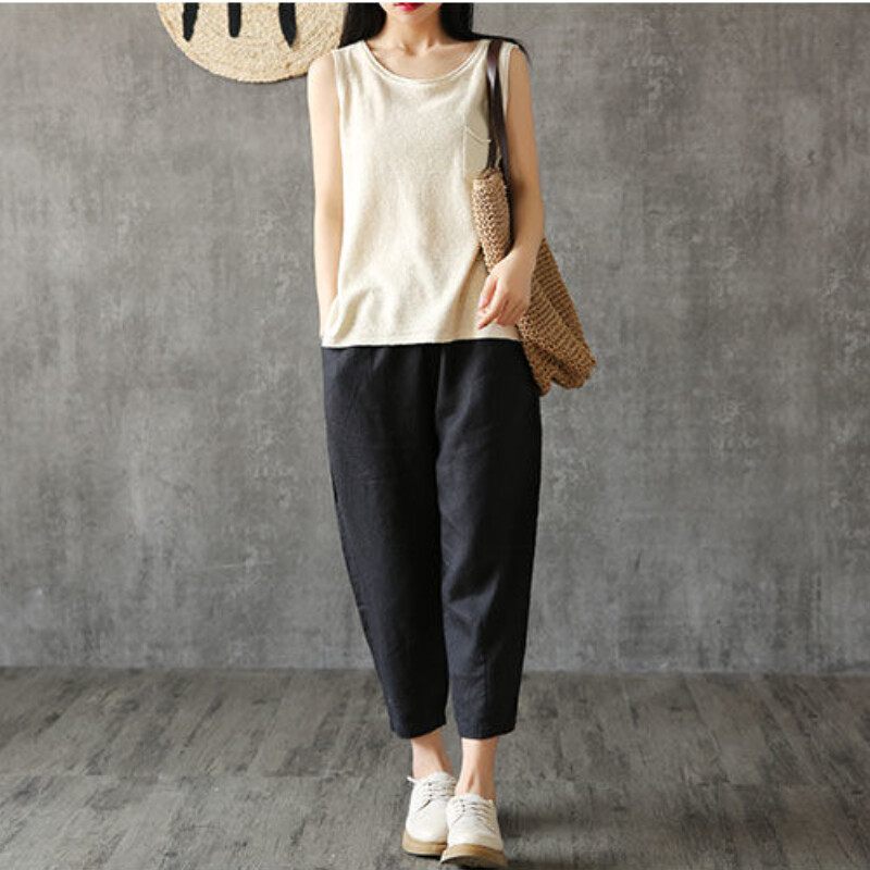 Summer Lady Cotton Linen Cropped Pants Ethnic Pocket Trousers Thin ...