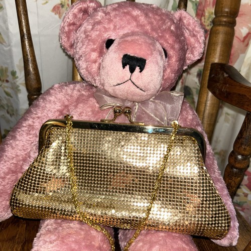 VALERIE STEVENS Gold Mesh Chain Kisslock Purse With Strap & Attached ...