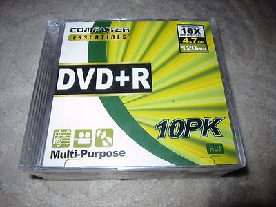 NEW 10 pack Computer Essentials DVD+R 4.7 GB 120 min recordable discs ...