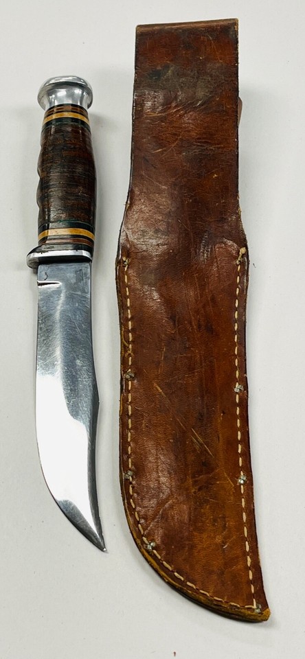Vintage Kinfolks Hunting Knife With Sheath Finger Grooves Pre-WWII 5 1/ ...