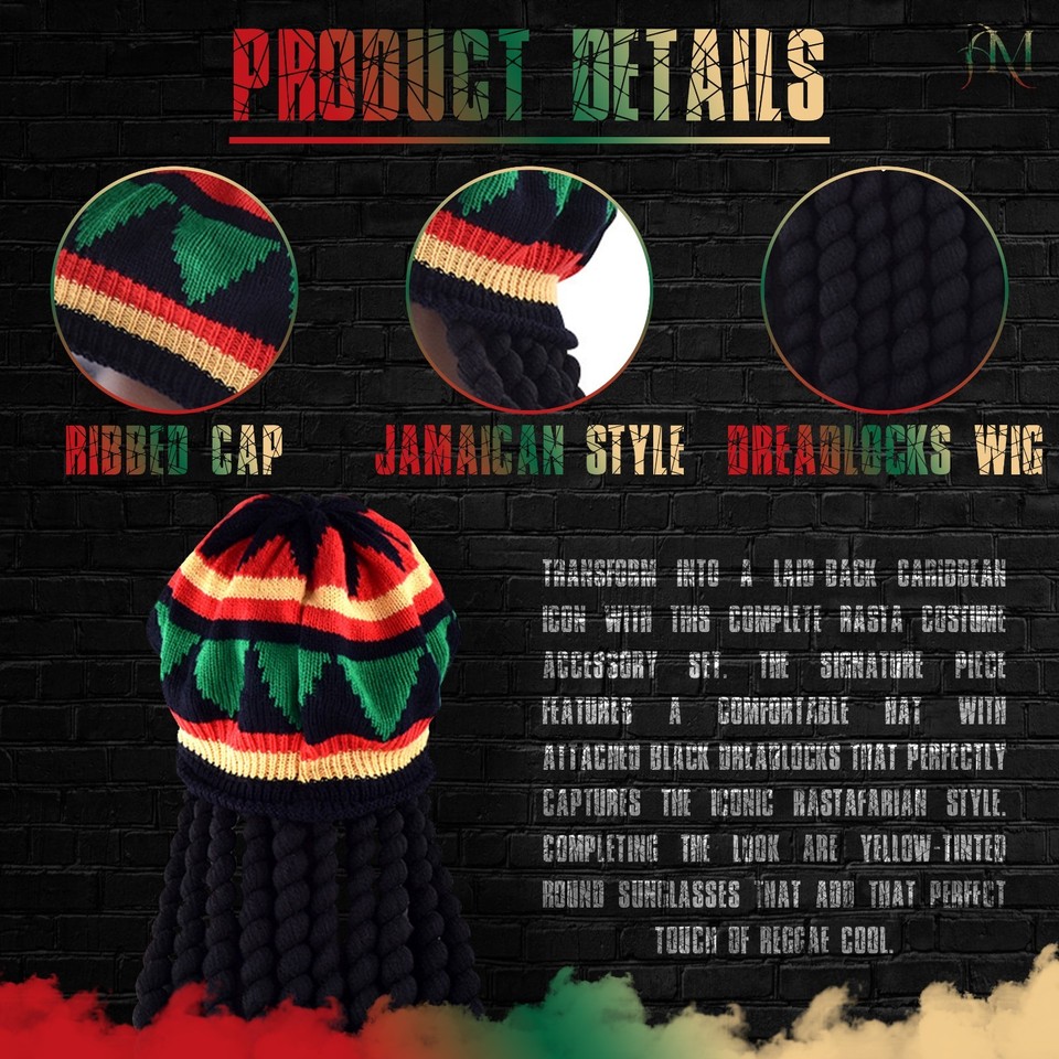 Rasta Hat with Black Dreadlocks Wig Reggae Jamaican Hippie Costume ...