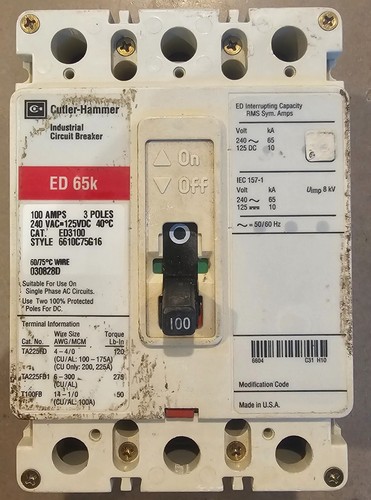 Cutler-Hammer ED3100 100A 3 Pole 240VAC 65kAIC breaker | eBay