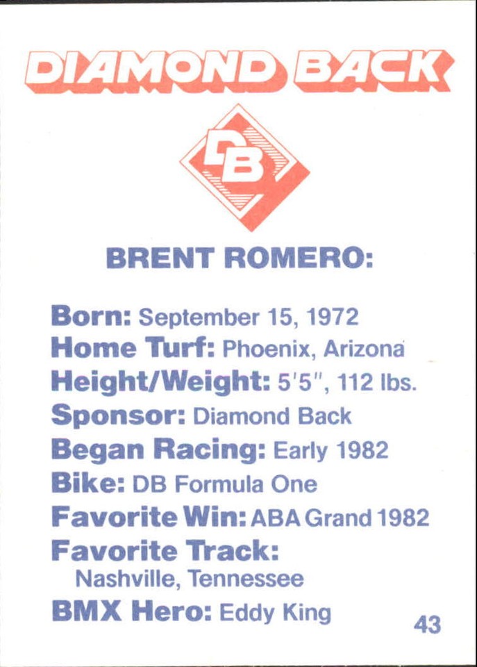 1984 BMX Card Series Miscellaneous Sport Card #43 Brent Romero | eBay