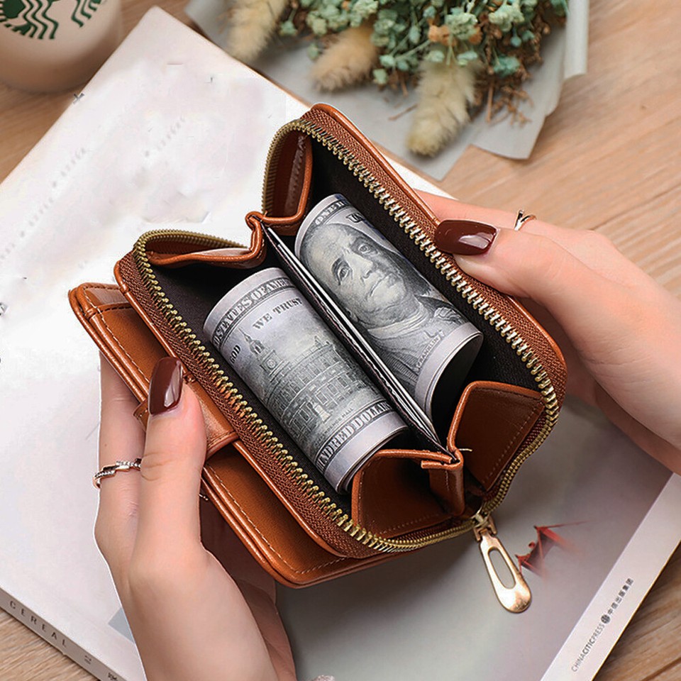 Women's Leather RFID Small Snap Wallet Credit Card Billfold Zipper Coin ...