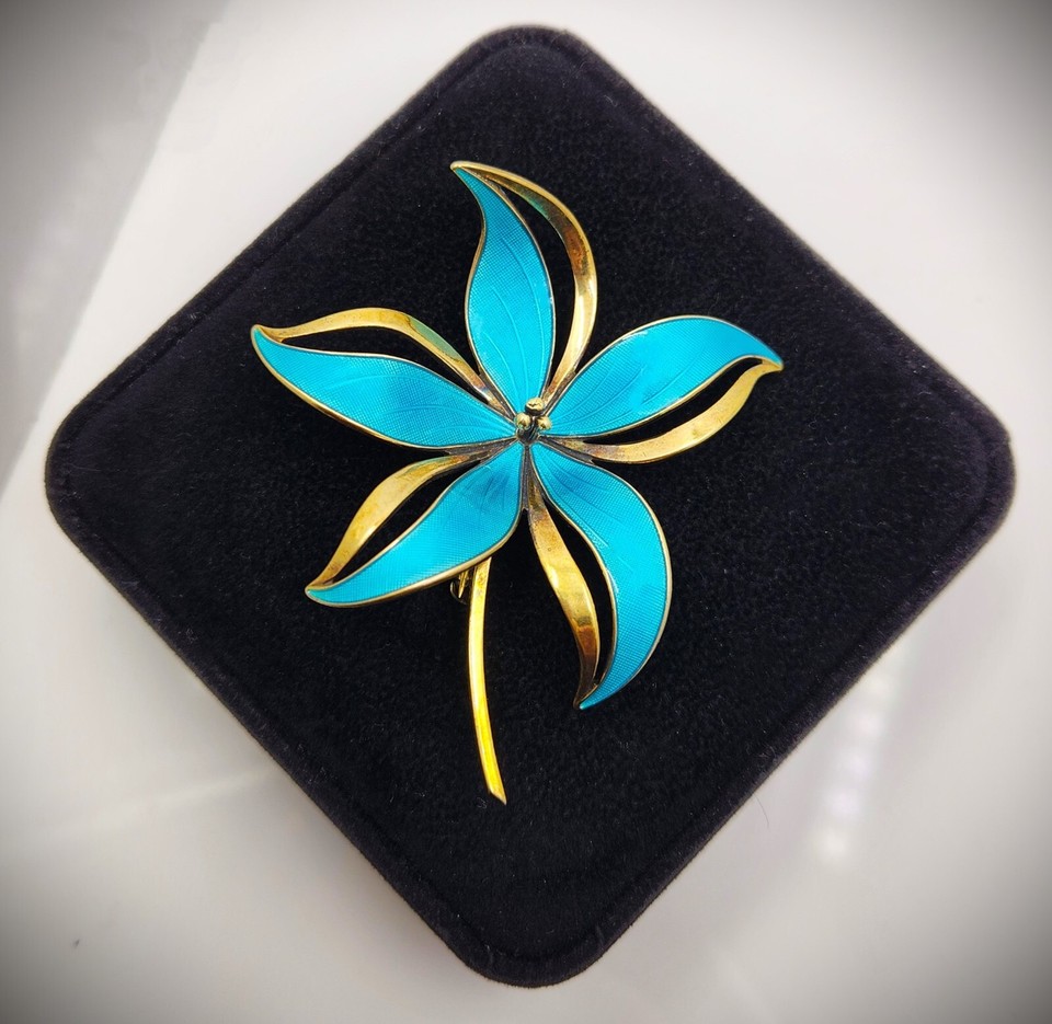 Vintage Hroar Prydz Norway Blue Guilloche Enamel Floral Gilt Sterling ...