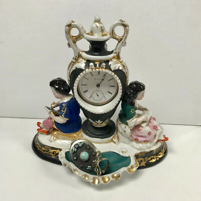f284 Vintage Ceramic Pocket Watch & Jewelry Holder Stand Case ...