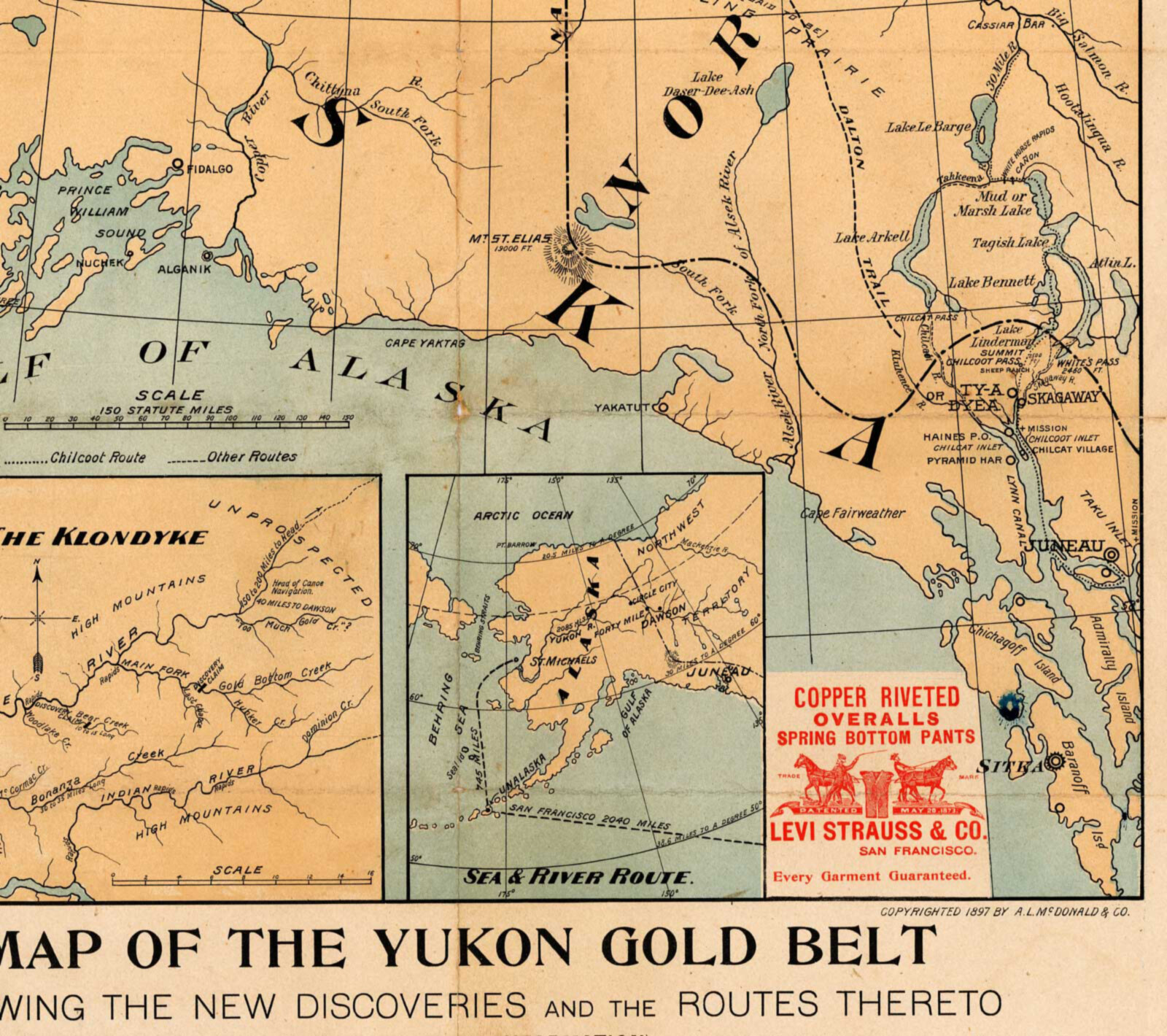 1897 Alaska Yukon Gold Belt Sea and River Routes Klondike Gold Rush ...