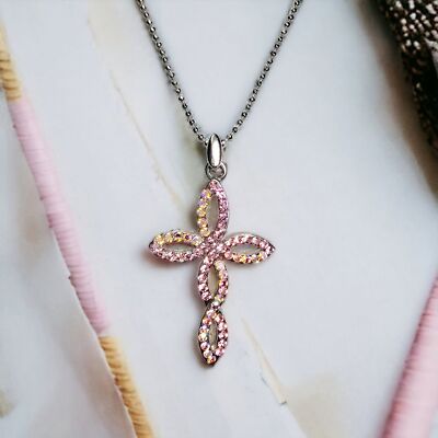 Religious Open Cross Necklace Pink and Pink AB Rhinestone Pendant ...