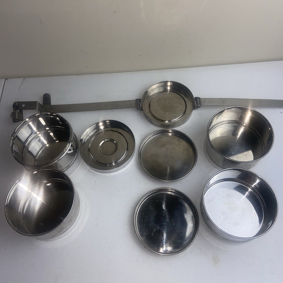 VINTAGE 4 Stacking Stainless Steel CAMPING Bowl SET Lunchbox Bento Box ...