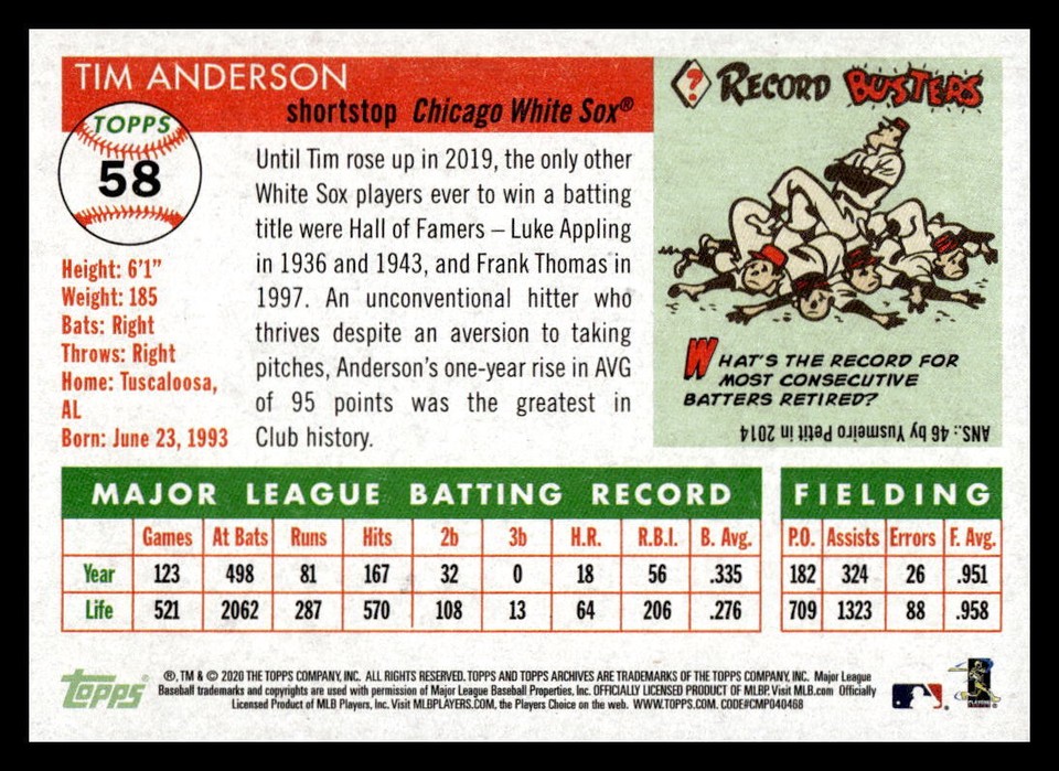 2020 Topps Archives Tim Anderson 1955 Design 58 White Sox | eBay