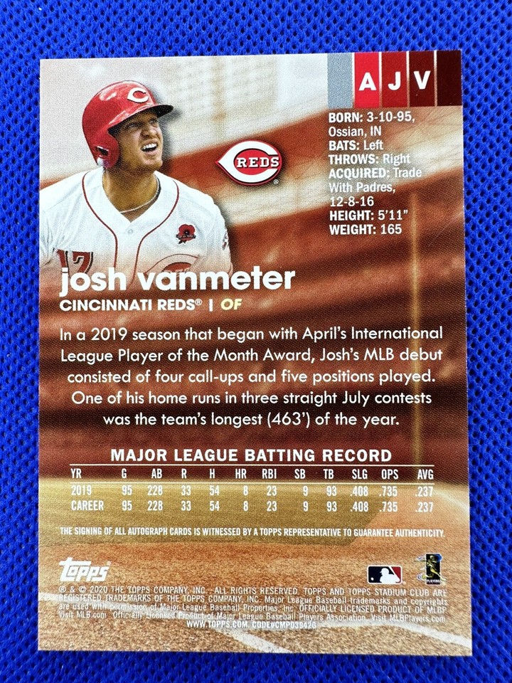 2020 #AJV Josh Vanmeter Topps Stadium Club Baseball Autograph ...