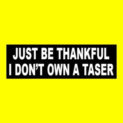Funny "JUST BE THANKFUL I DON'T OWN A TASER" window decal BUMPER ...