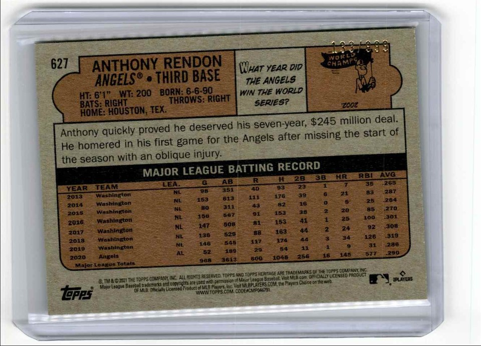 2021 Topps Heritage Chrome Anthony Rendon 133/999 Los Angeles Angels ...