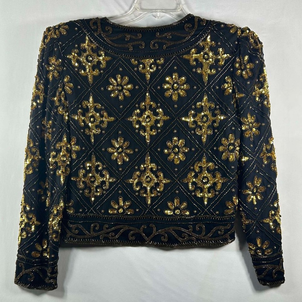 Scala Sequin Beaded Silk Formal Evening Jacket Black and Gold Size ...