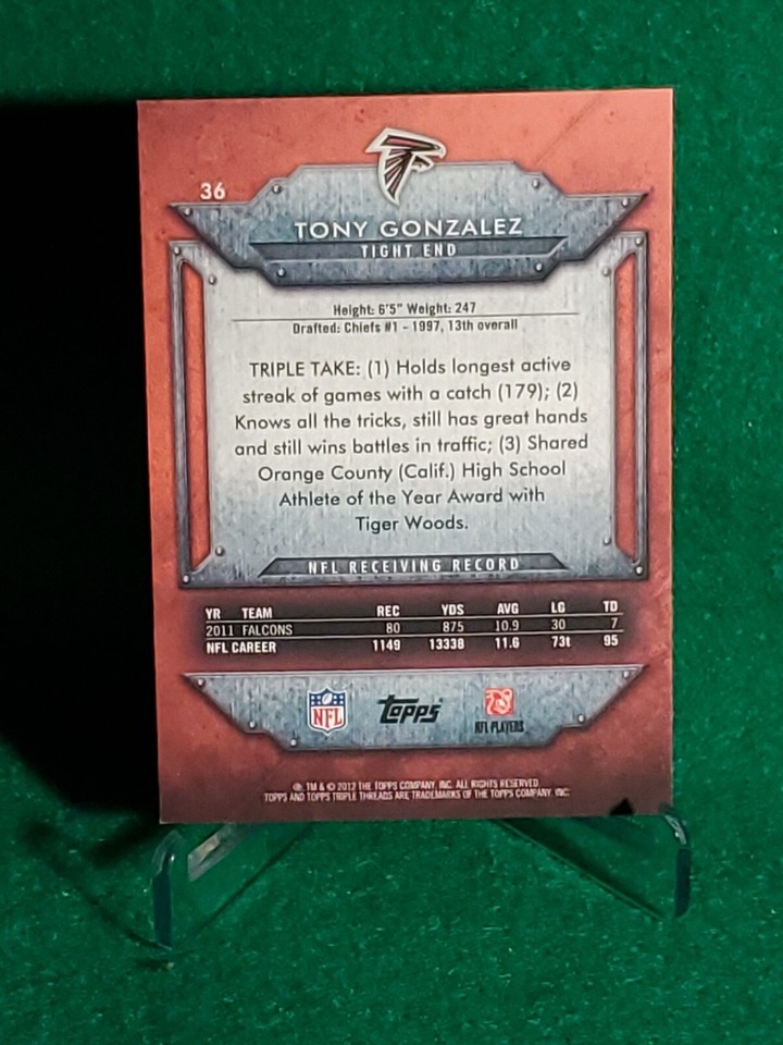 2012 Topps Triple Threads /989 Tony Gonzalez #36 HOF Atlanta Falcons | eBay