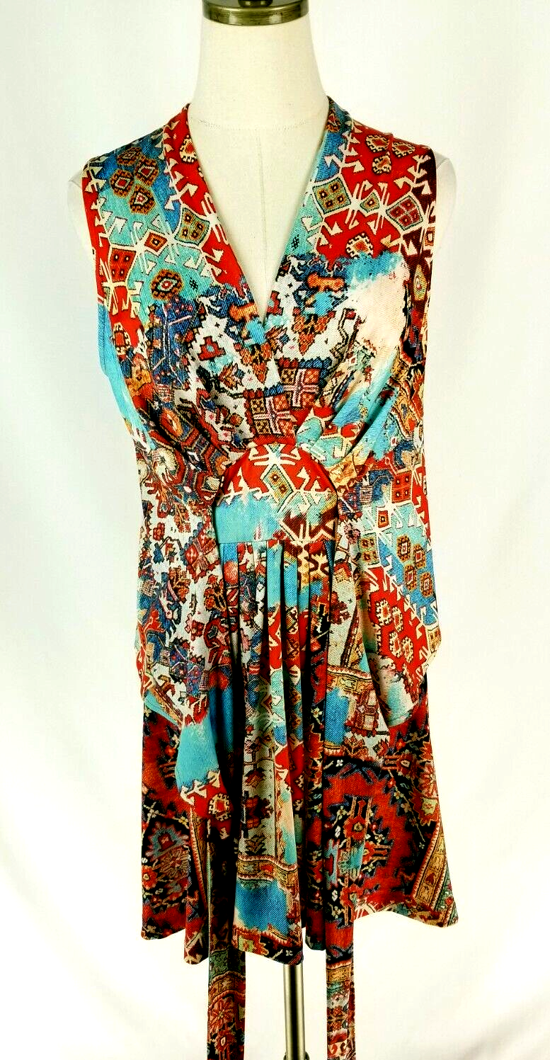 BOSTON PROPER TIE FRONT SLEEVELESS V-NECK DRESS SIZE 8 SOUTHWEST PRINT ...