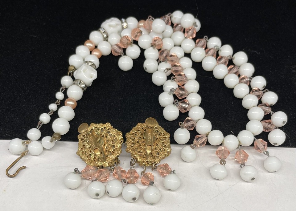 Miriam Haskell Signed Set Necklace Earrings Vintage Gilt Pink White ...