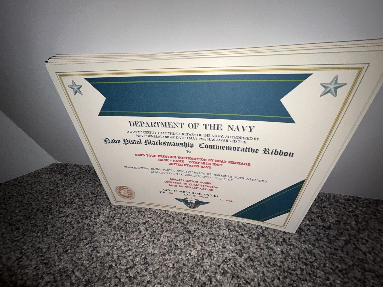 U.S. NAVY - PISTOL MARKSMAN RIBBON COMMEMORATIVE CERTIFICATE ~ W ...