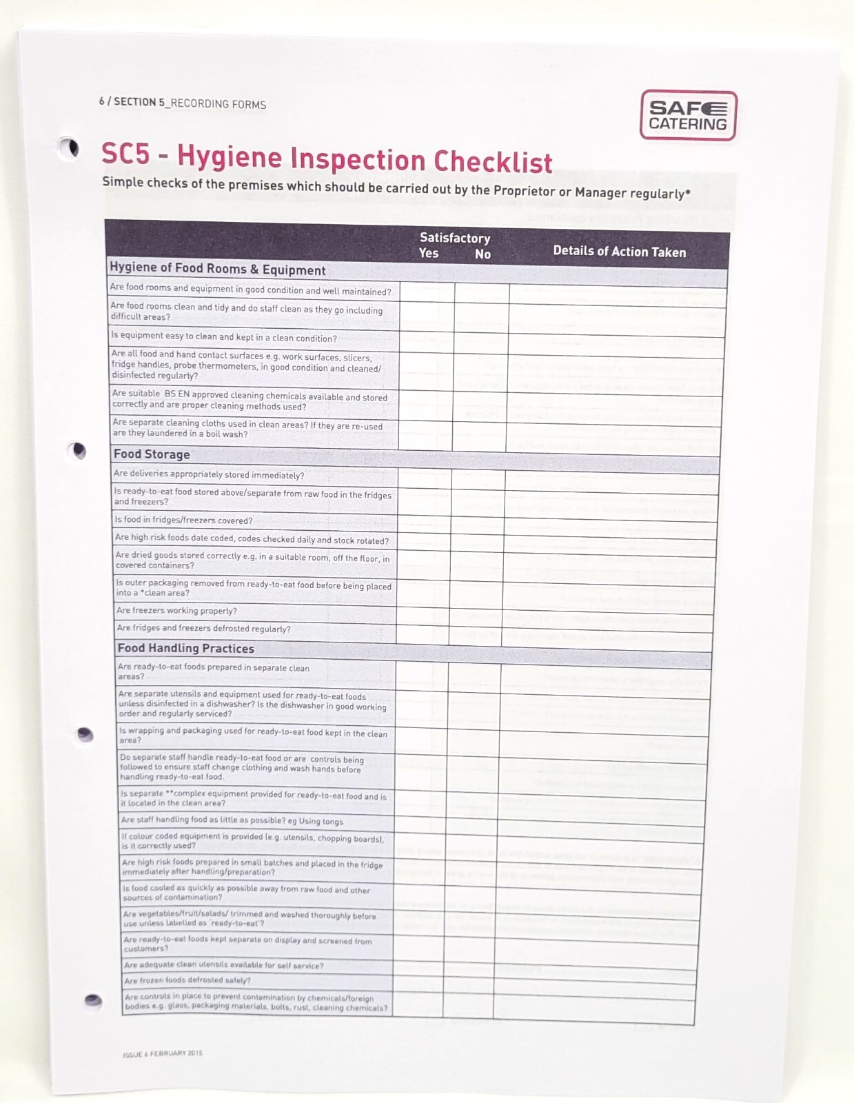 Hygiene Inspection Checklist SC5 Hole Punched 52 Forms Record Checks ...