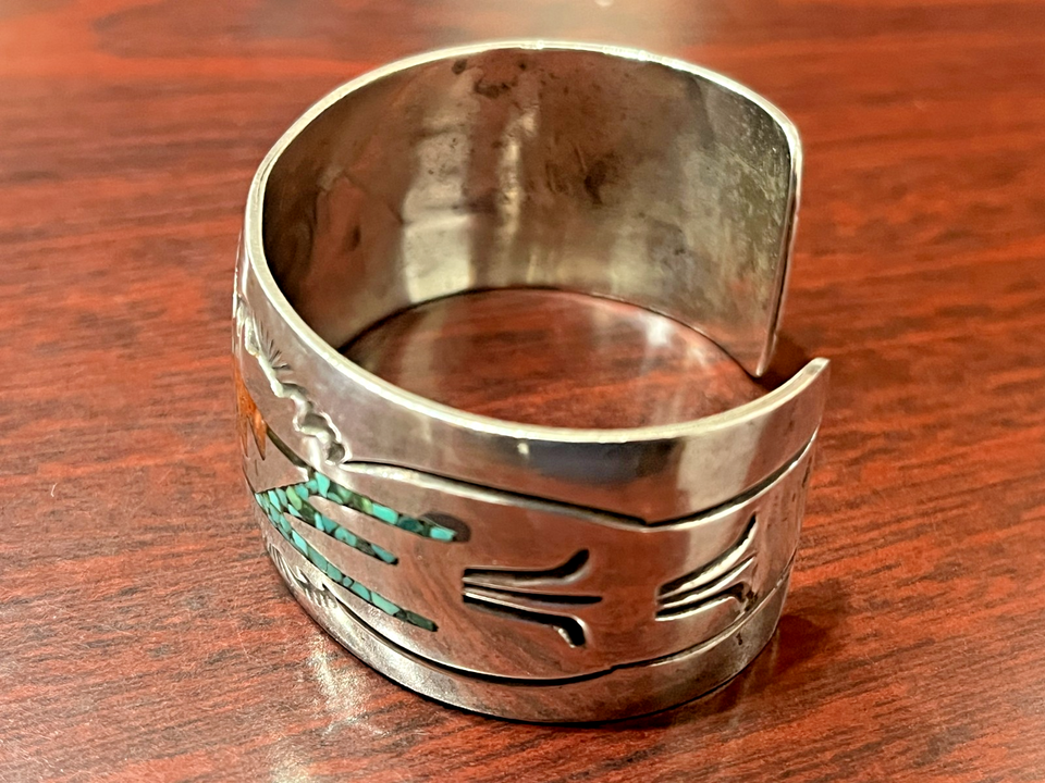 Gibson Gene Navajo Sterling Silver Turquoise & Coral Inlay Cuff ...