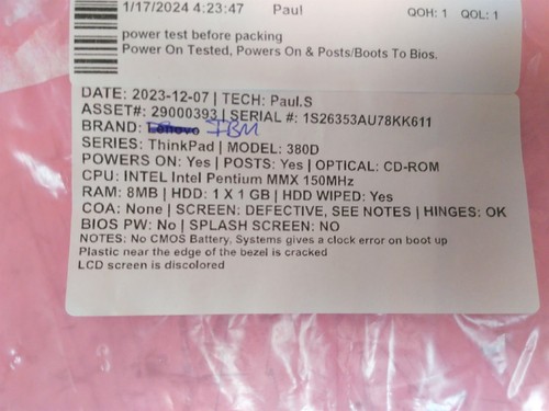IBM ThinkPad 380D Retro Laptop Intel Pentium 150MHz 8MB 1GB HD BAD ...